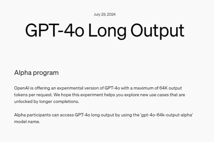 OpenAI开放新模型gpt-4o-64k-output-alpha，GPT-4o API最长可支持 64K 输出 – AI-人工智能-1ai.net