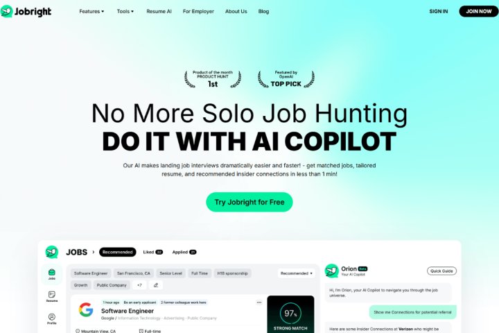 Jobright：AI求职助手，推荐工作机会精准匹配职位的AI求职平台 - AI-人工智能-1ai.net